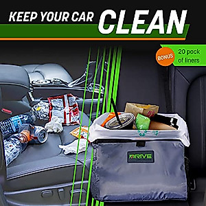 Drive Auto Car Trash Can - Collapsible, Leakproof Garbage Bin with Adjustable Strap and 20 Trash Bags - Car & Truck Accessories for Men and Women - Grey with Lid