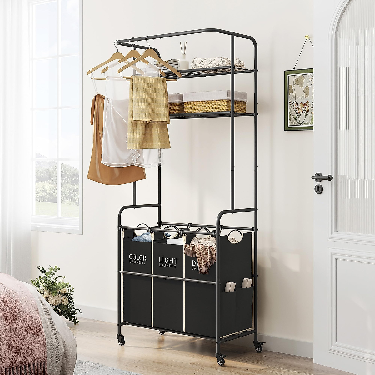 Gewudraw Laundry Sorter Cart with Hanging Rack, 3 Section Laundry Hamper Basket Butler Cart with 2 Tier Shelf, Rolling Lockable Wheels