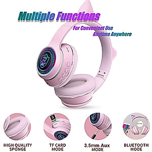 Zuri Sana Cat Ear Gaming Bluetooth 5.2 Wireless Foldable Headphones with LED Light, Over Ear Stereo Sound Music Headsets with Microphone AUX for PC TV Pad Cellphone Laptop Game Kids Adults Gift