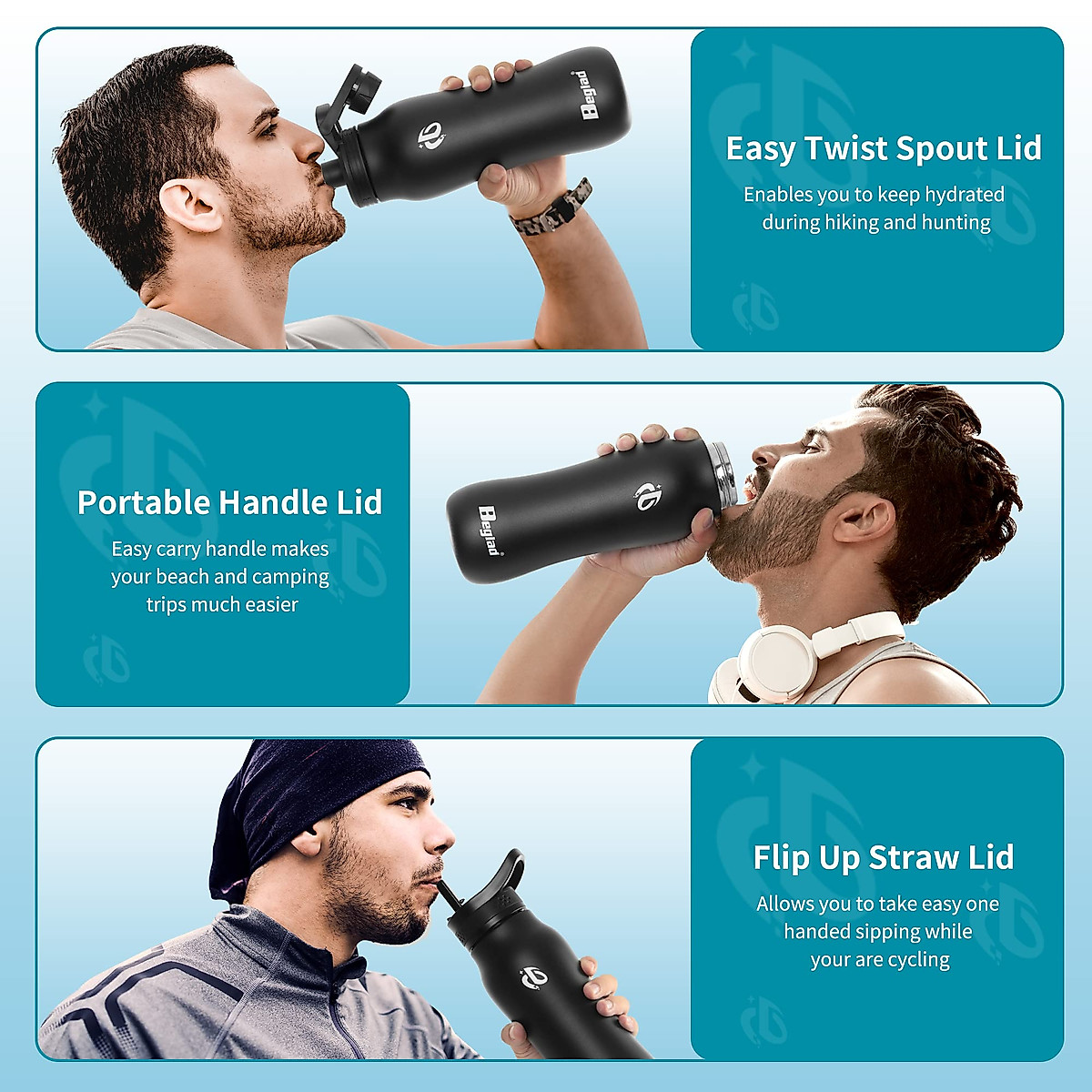 Beglad 24 oz Water Bottle Flask Jug, Vacuum Insulated Stainless Steel Water Bottle whit 3 Lids, Double Walled Metal Canteen Water Jug Thermo Mug, Hot Cold Water Bottles for Gym Travel Sports, Black