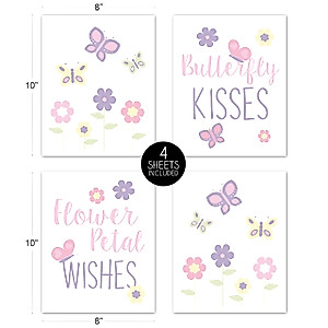 Sweet Jojo Designs Butterfly Wall Art Prints Room Decor for Baby, Nursery, and Kids - Set of 4 - Pink and Purple Floral Flower Garden Kisses and Wishes