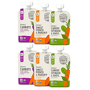 Serenity Kids 6+ Months Certified Organic Baby Food Pouches Veggie Puree | No Sugary Fruits or Added Sugar | Allergen Free | 3.5 Ounce BPA-Free Pouch | Garden Veggie Variety Pack | 6 Count
