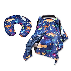 Dinosaur Baby Car Seat Canopy and Nursing Pillow Cover 2 Pack Set for Boys and Girls
