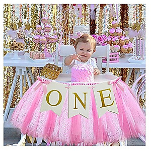 1st Birthday Baby Party Decoration High Chair Glitter Gold ONE Banner (4.8inch Ribbon Bow)