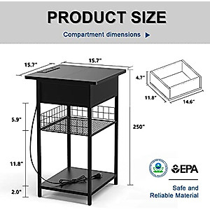 Nightstand with USB Ports and Outlets, Bedside End Table with Storage Shelf Bed Couch Sofa Side Table with Charging Station Rustic Accent Table Small Wood Night Stands for Bedroom, Living Room, Black