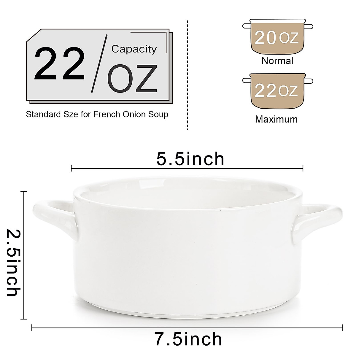 SOUJOY 6 Pack French Onion Soup Bowls, 22Oz Porcelain Serving Soup Bowls with Handles, Oven Safe Crocks for Soup, Cereal, Chill, Pot Pie, Beef Stew
