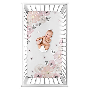 Sweet Jojo Designs Blush Pink, Grey and White Photo Op Baby or Toddler Fitted Crib Sheet for Watercolor Floral Collection