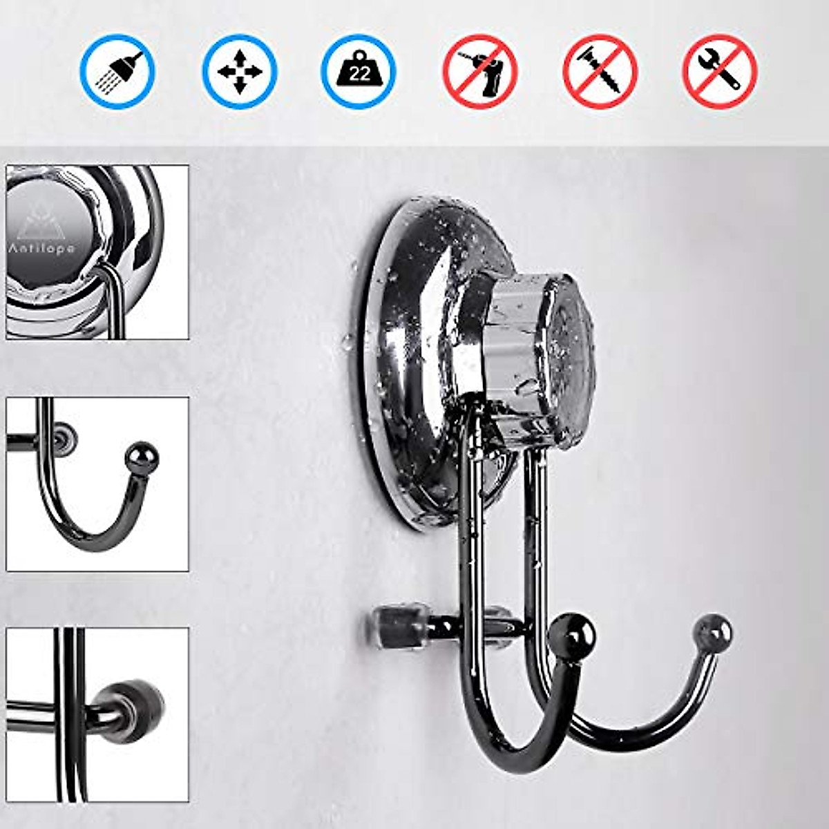 U&A Antilope Powerful Vacuum Suction Cup Hooks for Shower,Kitchen&Bathroom,Stainless Steel Shower Hanger for Loofah,Towel (2pcs)