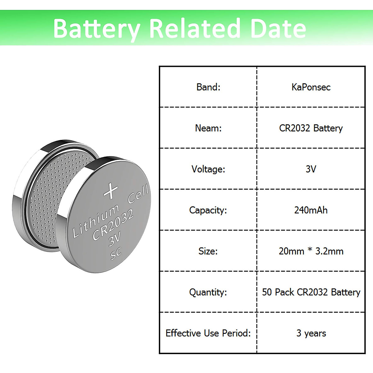 KaPonsec 50 Pack CR2032 DL2032 3V Lithium Coin Cell Battery
