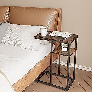 Fixwal End Table, C Shaped, Small Beside Table, Laptop Table, Side Table for Couch and Bed, Rustic Vintage Style, Bedside Table