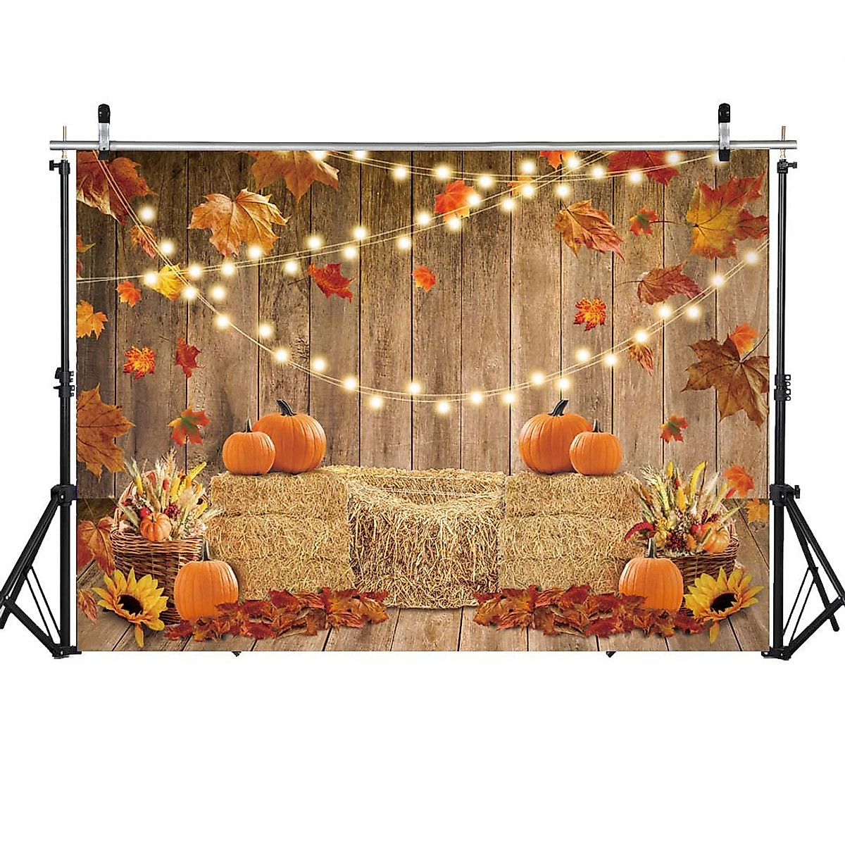 Fall Pumpkin Photography Backdrop 8x6FT Autumn Thanksgiving Harvest Hay Glitter Wooden Background Maple Sunflowers Newborn Baby Shower Banner Party Decorations Photo Booth Props