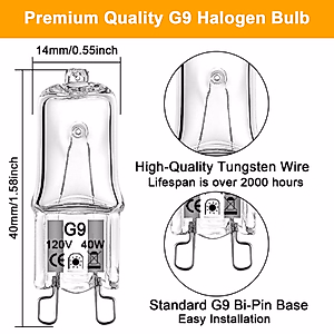 G9 Bulb, 12 Pack G9 Halogen Bulb 40 Watt 120V T4 JCD Type, Dimmable with Long Lasting Lifespan, G9 Halogen Light Bulbs 2 Pin for Chandeliers, Cabinet Lights, Range Hood Lights, 2700K Warm White