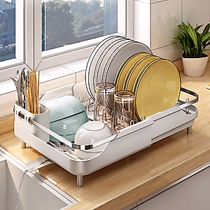 Dish Drying Rack, Stainless Steel Dish Rack and Drainaboard Set, Expandable(11.5"-19.3") Sink Dish Drainer with Cup Holder Utensil Holder for Kitchen Counter