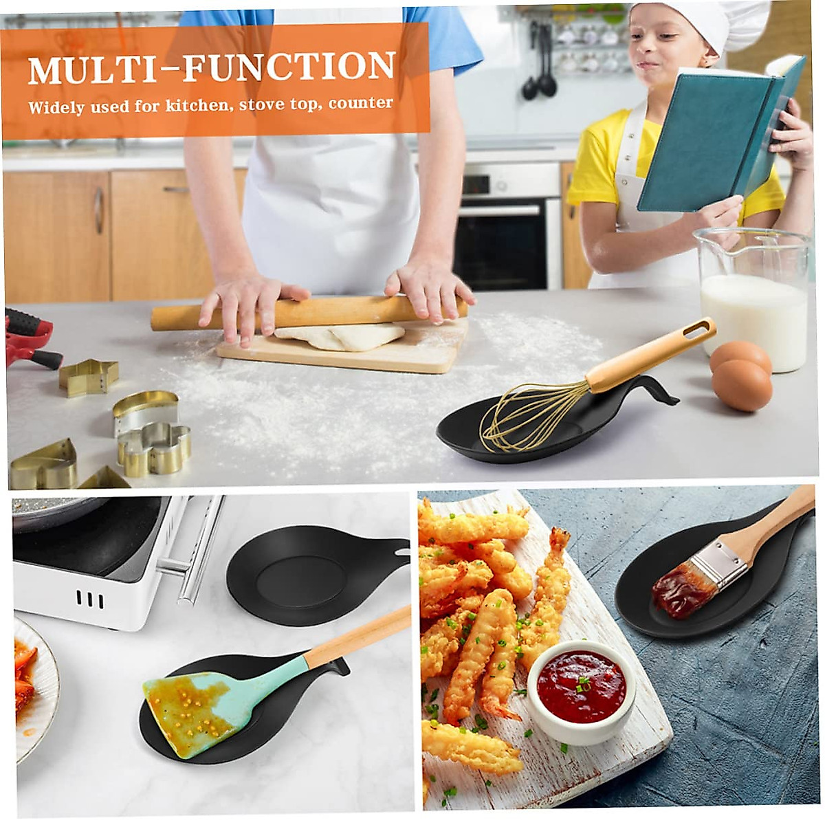 Angoily 12 Pcs Spoon Mat Black Spoon Rest Hot Pads Spoon Holder Rest Cooking Spoon Chopstick Rests Tea Spoons Buffet Spoon Rest Silicone Hot Pad Pot Silicone Spoon Tableware