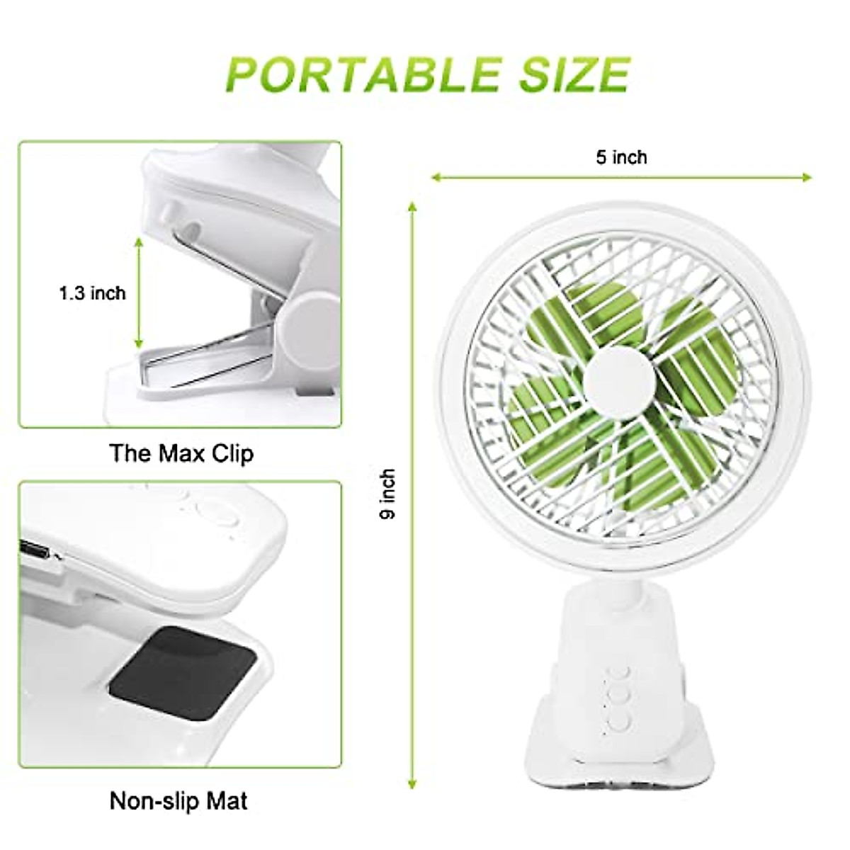 VOLLUCK Stroller Fan Clip on Rechargeable Battery Operated Portable Small Mini Fan with LED Light, 2000mA Long Lasting Handheld Powered Fan on for Baby, Travel, Indoor, Car Seat