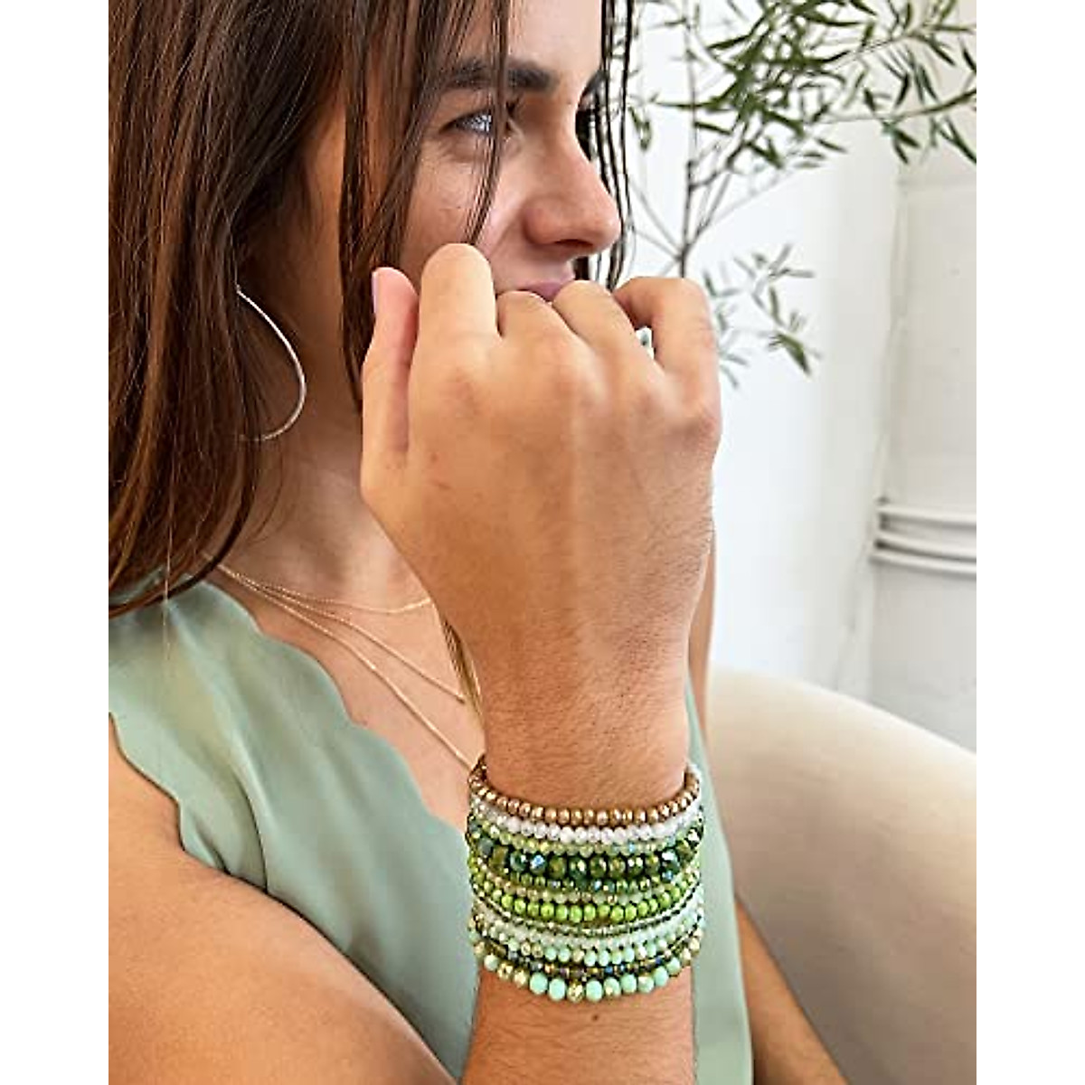 CATCHY & CRAFTY Bracelet Crystal Stretch Stackable Layering Colorful Statement Bracelets Women Glass Beaded Boho Friendship Bridal Gift (Forest Green)