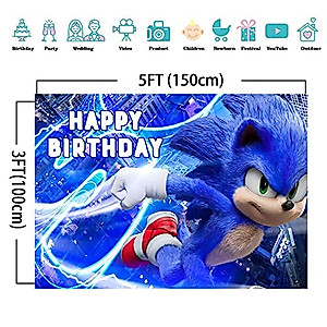 PSXF Blue Sonic Hedgehog Happy Birthday Themed Photography Backdrop 5x3ft Sonic Boom Superhero Kids 1st Birthday Party Photo Background Studio Banner