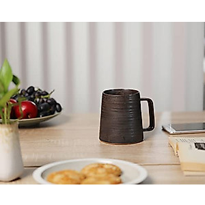 globe faith Large Handmade Pottery Coffee Mug, Unique Matte Metallic Antracite Ceramic Coffee Cup, Annular Texture Big Handle Clay Tea Mug for Home, Office or Gifts, Microwave & Dishwasher Safe,16 oz