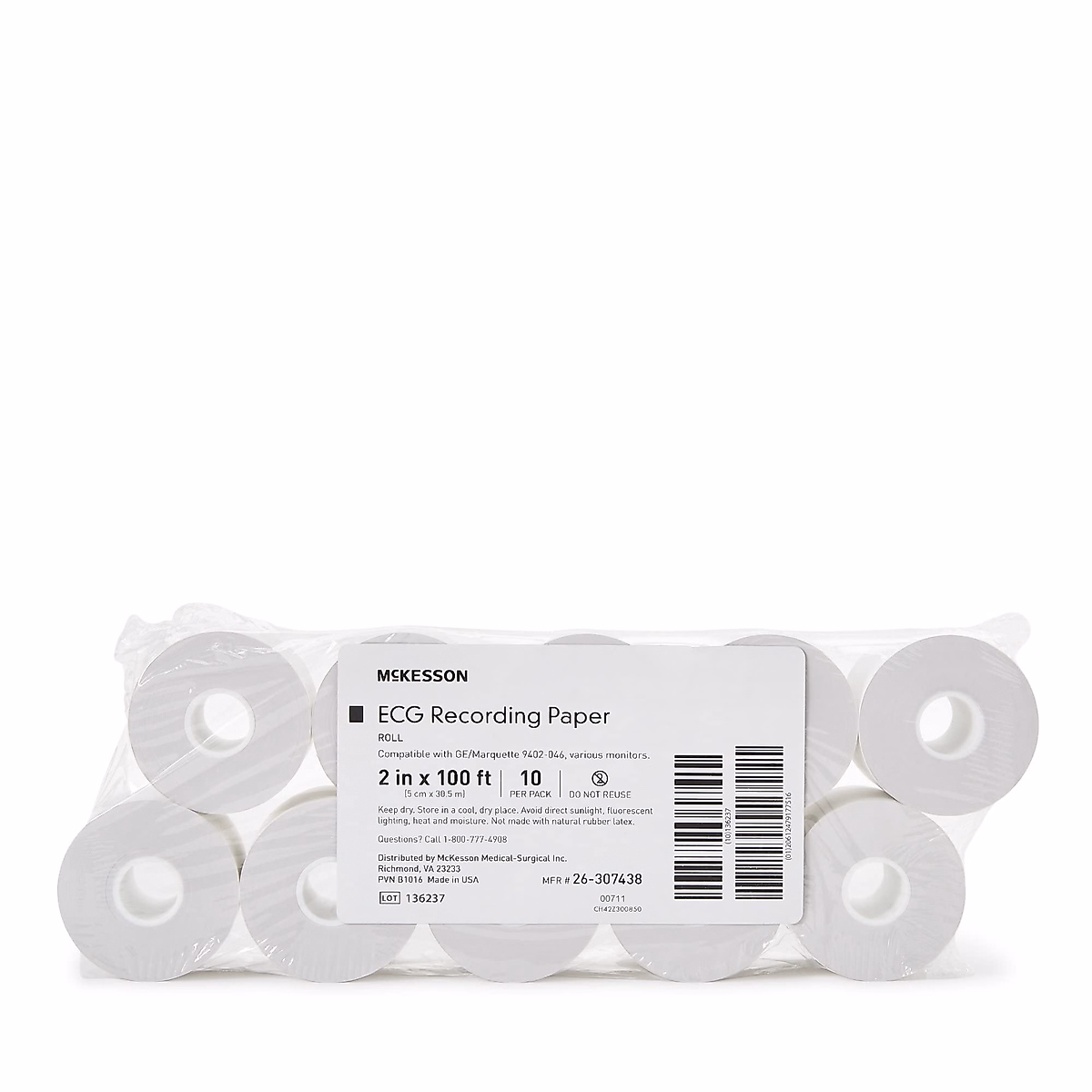 McKesson ECG Recording Paper, White Diagnostic Thermal Paper, 2 in x 100 ft, 10 Count, 1 Pack