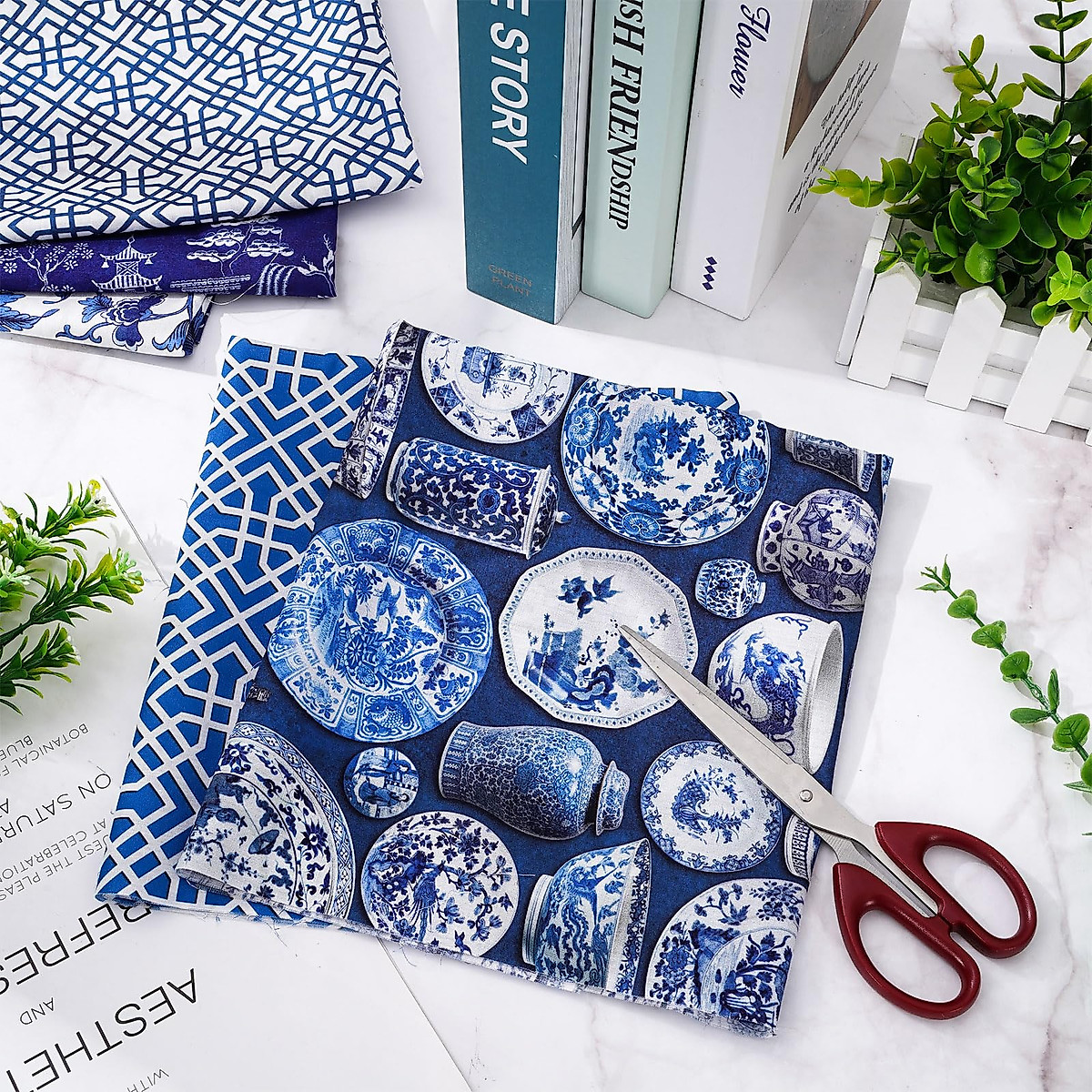 Whaline 12Pcs Blue Chinoiserie Cotton Fabric Bundles 18 x 22 Inch White Blue China Fat Quarters Oriental Quilting Patchwork Squares Sewing Fabrics for DIY Handmade Craft Party Decor