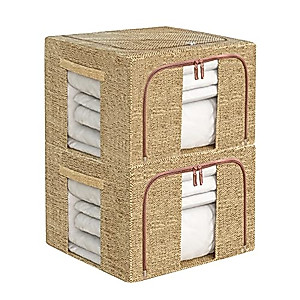 choedii Storage Containers 2-Pack Stackable Large Foldable Clear Organizer Bags for Organizing Clothes Waterproof Bin Box with Lid Zipper Handles 66L (Beige 2pcs)