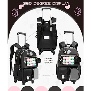 ZBAOGTW Rolling Backpack for Girls Kids Backpack with Wheels Backpacks for Elementary with Lunch Box Pencil Case Trolley (Black1)