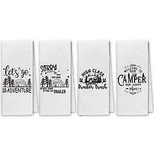Dibor Welcome to Our Camper Funny Camping Kitchen Towels Dish Towels Dishcloth Set of 4,Campsite Cabin RV Decorative Absorbent Drying Cloth Hand Towels Tea Towels for Bathroom Kitchen,Campers Gifts