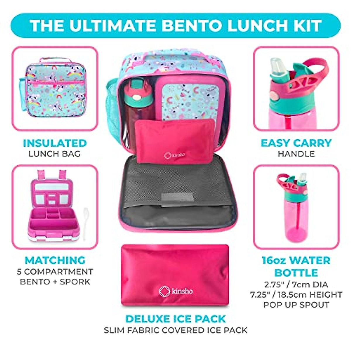 kinsho Bento Lunch Box with Water Bottle, Insulated Bag & Ice Pack Set for Kids Toddlers Girls, 4 Portion Sections, Removable Tray, Pre-School Kid Toddler Daycare Lunches, Snack Container, Pink Koala