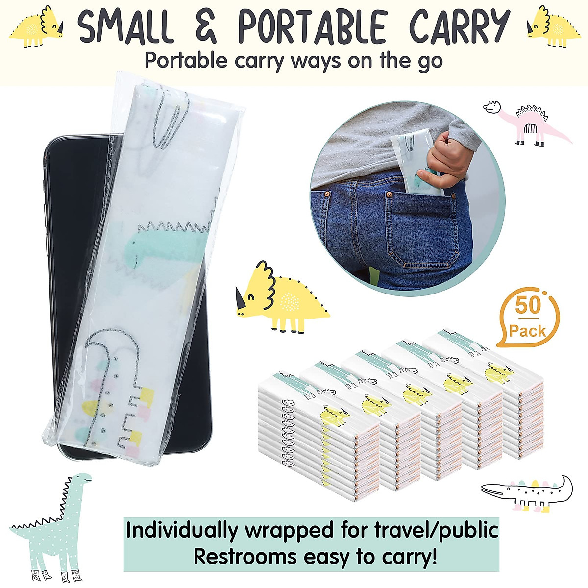 50 Pack Extra Large Toilet Seat Covers Disposable Waterproof Toddler Toilet Covers, Individually Wrapped Portable, Ideal for Kids and Adults, Potty Training in Restrooms (Delicate Dinosaur)