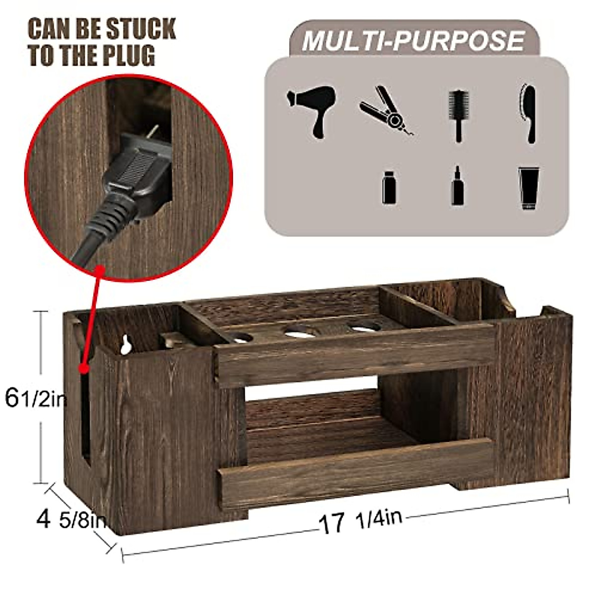 Wood Hair Tool Organizer, Hair Dryer Holder Wall Mount Hair Styling Product Care Tools Organizers Storage, Bathroom Vanity Countertop Blow Storage Stand for Flat Irons, Hot Curling Wand