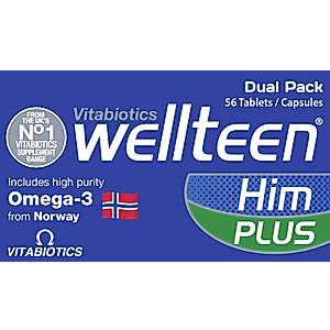 Vitabiotics Wellteen Him Plus Omega-3 - Maximum Nutritional Support for Teenagers and Young Men Ages 13-19 - 56 Tablets and Capsules