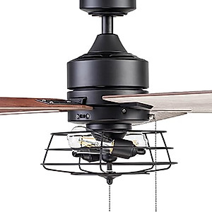 Prominence Home Marshall, 52 Inch Industrial Style LED Ceiling Fan with Light, Pull Chain, Three Mounting Options, Dual Finish Blades, Reversible Motor - Model 51457-01 (Matte Black)