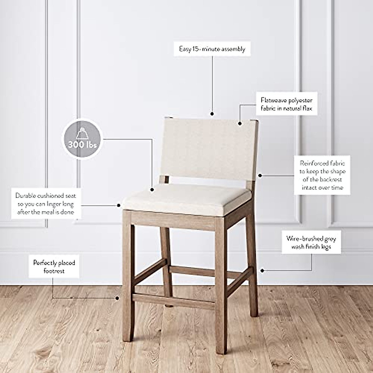 Linus Modern Upholstered Counter Height Bar Stool with Back and Solid Rubberwood Legs in a Wire-Brushed Grey Finish, Natural Flax/Brown