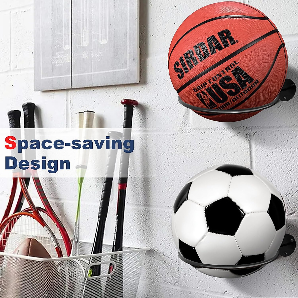 Qidoe Ball Storage Holder Wall Mount, Ball Stand Display Storage, Universal Ball Rack Metal Ball Holder Wall Mounted Basketball Display Rack for Basketball Football Volleyball Soccer Storage Display