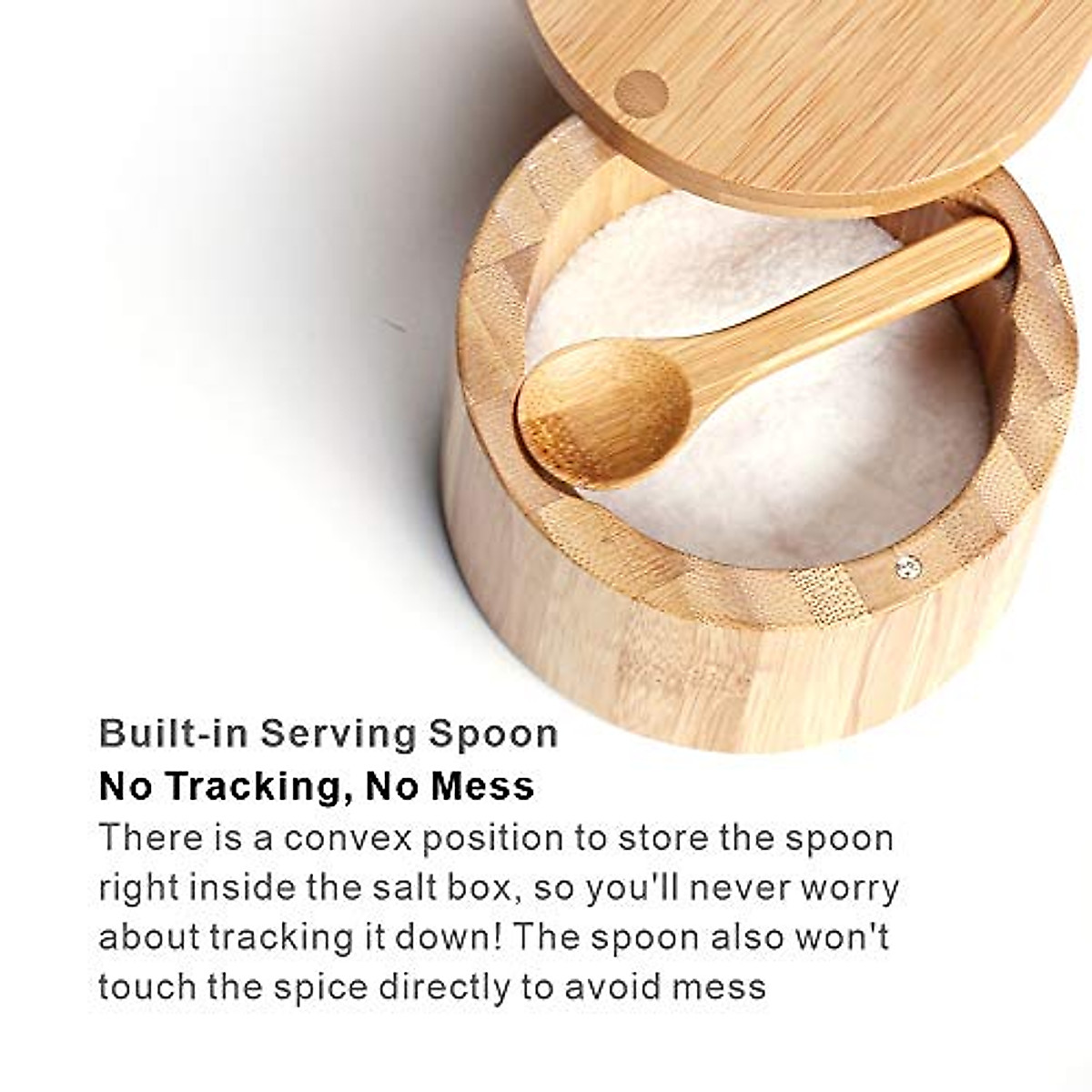 KITCHENDAO Bamboo Salt Cellar Bowl Box Container with Built-in Spoon to avoid Dust, Elegant Kitchen Salt Dish Holder Saver Jar with Swivel Magnetic Lid to Storage Pepper Spice Bath Salt Sea Salt, 6OZ