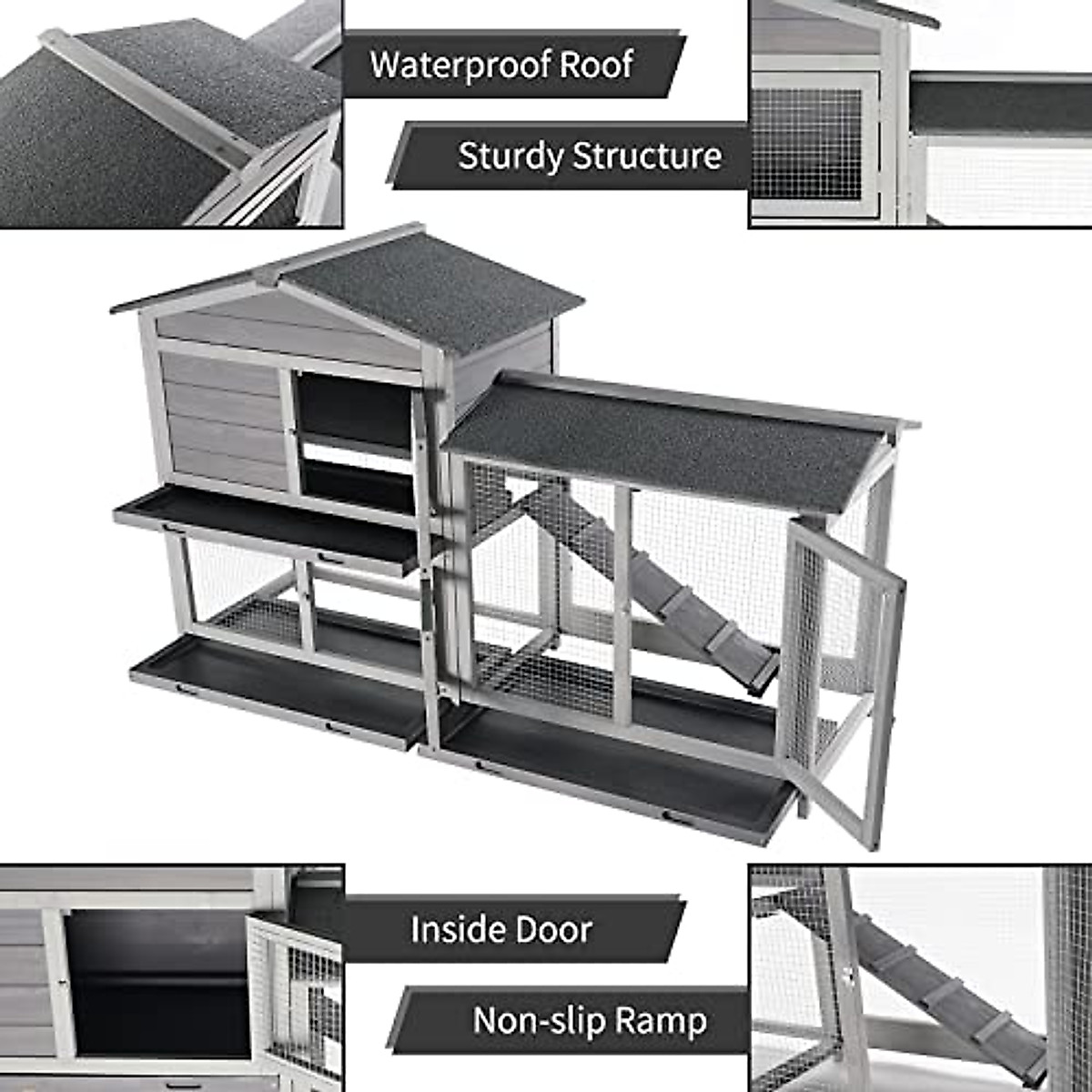 GEGURI Rabbit Hutch Indoor Rabbit Cage Outdoor, Chicken Coop Bunny Cage with Pull Out Tray, Waterproof Roof, Ramp (57.8" L x 17.9" W x 27.9" H, Grey)