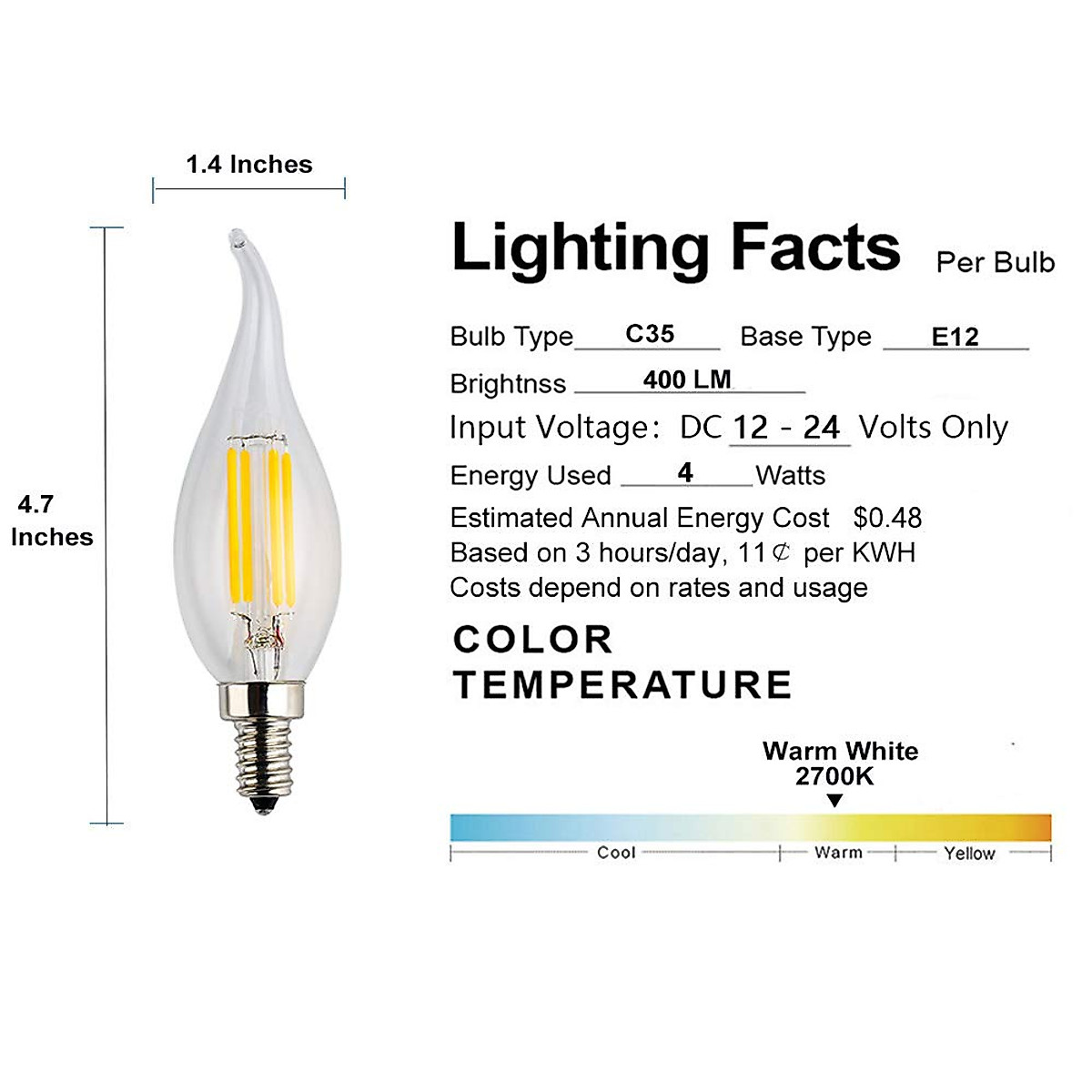 OPALRAY Low Voltage 12V LED Candelabra Bulb, 12V DC or 12V AC, 4W Dimmable, 2700K Warm White Light, E12 Small Base, 40W Incandescent Replacement, 12Volt DC Operated, Clear Glass Flame Tip, 5-Pack