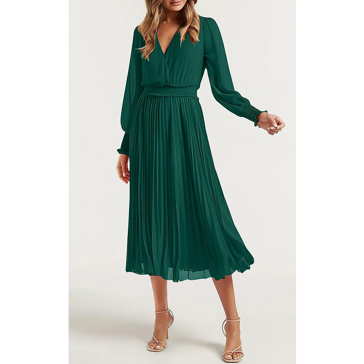 PRETTYGARDEN Women's Midi Long Puff Sleeve Spring Dresses 2024 Smocked Waist Wrap V Neck Flowy Ruffle Pleated Casual Dresses (Dark Green,Medium)
