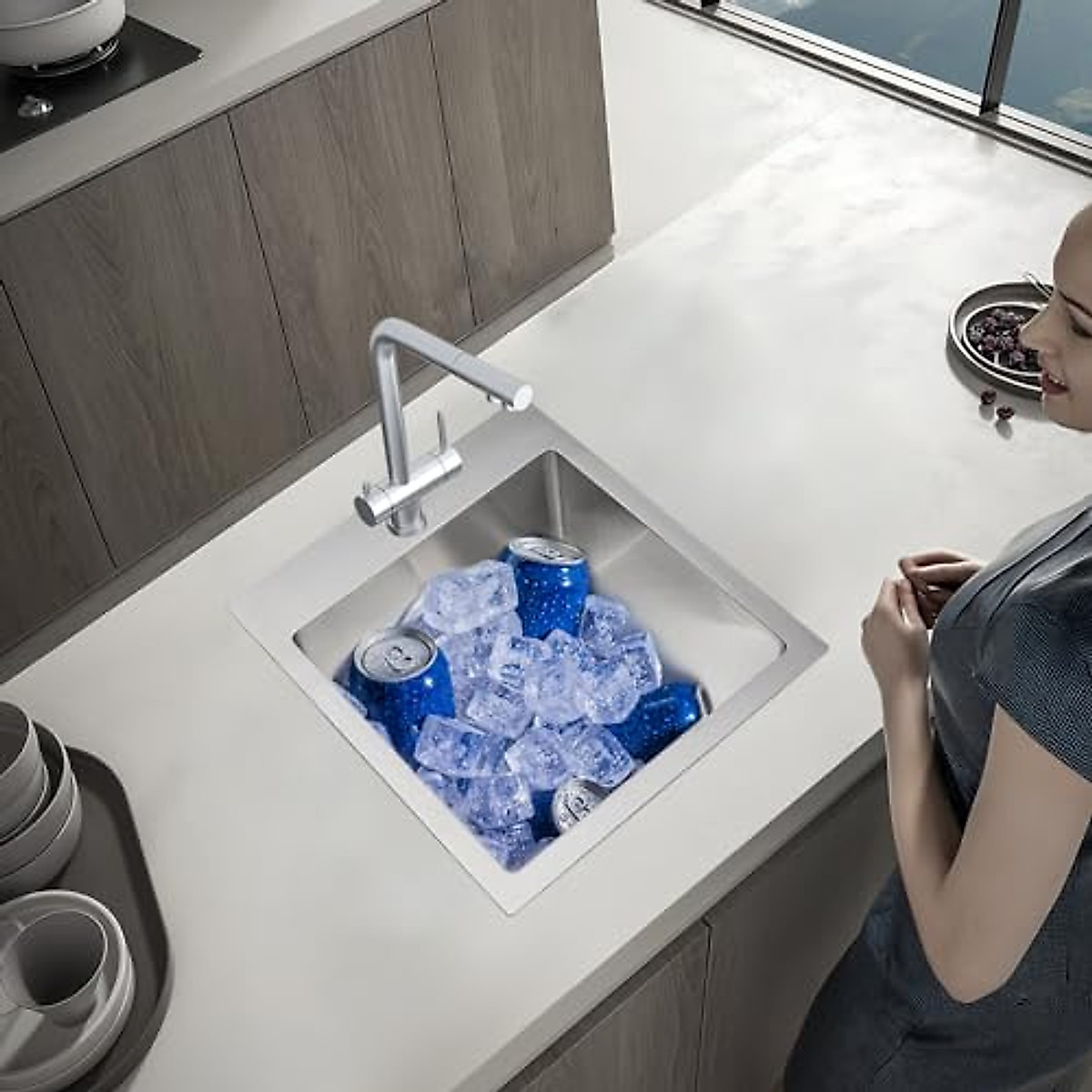 ROVOGO 15"x17" Drop in Bar Prep Sink Stainless Steel, 1-Hole Single Bowl Kitchen Sink with Basket Strainer, Small Secondary Entertainment Wet-Bar Sink, Brushed