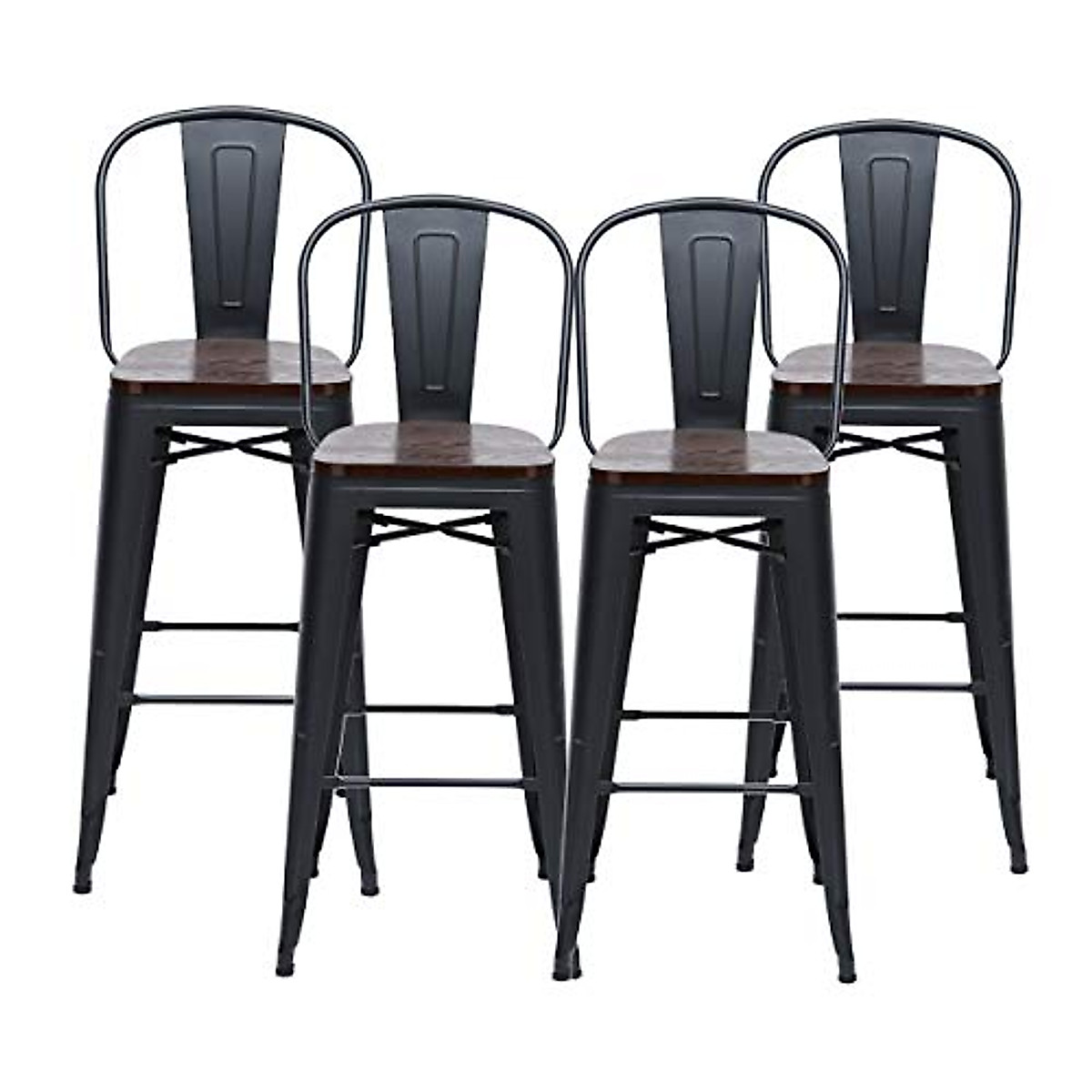 HAOBO Home 24" High Back Barstools Metal Stool with Wooden Seat [Set of 4] Counter Height Bar Stools, Matte Black