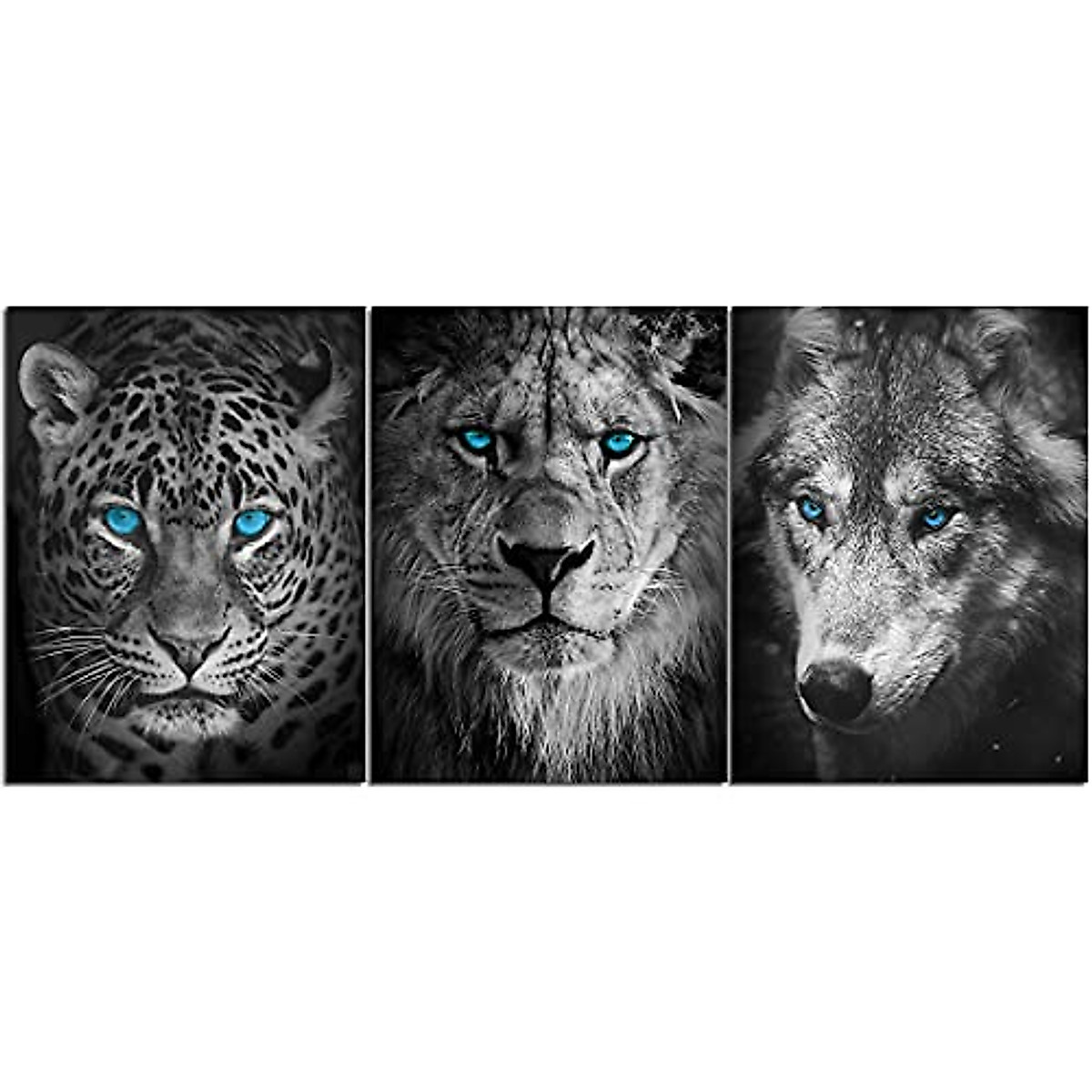 QTESPEII Black and White Animals Pictures Wall Art Decor for Bathroom Leopard Lion Wolf Head with Blue Eyes Paintings Canvas Prints Wildlife Artwork Framed Modern Home Office Decor 12"x16" 3 Panels