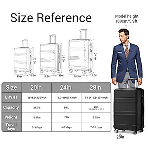 Kono 3 Piece Luggage Sets Expandable(only 28") Lightweight with Spinner Wheels TSA Lock Hardside Travel Rolling Suitcases 20in 24in 28in Carry on Black