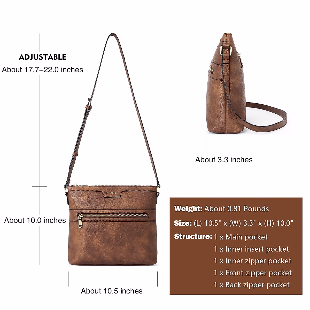 CHOLISS Large Crossbody Bags for Women, Medium Size Purses for Women with Vegan Leather, Brown