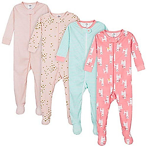 Gerber Baby Girls' 4-Pack Footed Pajamas, Love Llamas Pink, 6 Months