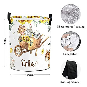Sunflower Farm Animals Personalized Laundry Basket Clothes Hamper with Handles Waterproof,Custom Collapsible Laundry Storage Baskets for Bedroom,Bathroom Decorative Large Capacity