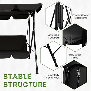 HECASA 3-Person Outdoor Swing Chair, Steel Porch Swing with Convertible Canopy & Removable Cushion for Patio, Garden, Poolside, Balcony and Backyard - Black
