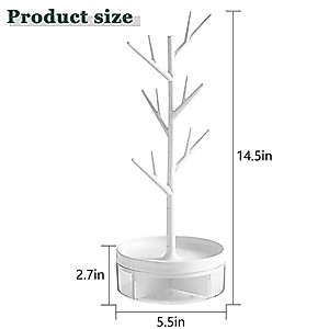 MZYOUHUO Rotating Jewelry Holder Organizer, 3 in1 Jewelry Tree Stand, 14.56 Inch High Necklace Holder Display for Necklaces Earrings Bracelets Watches Rings (White)