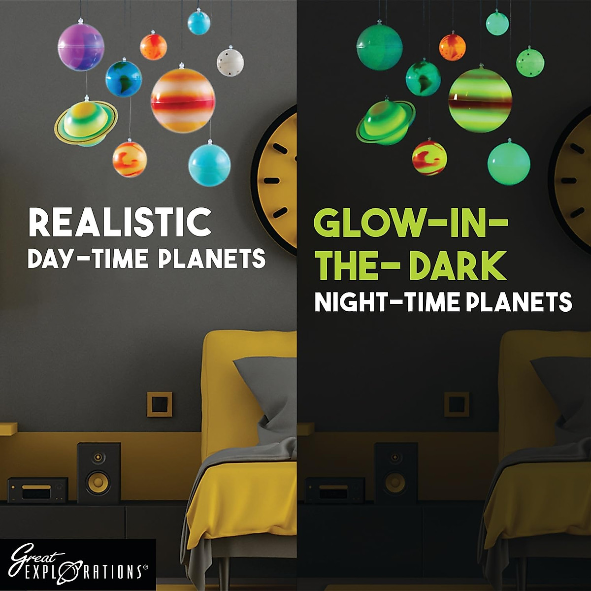 Great Explorations | 3-D Solar System Glow In The Dark Ceiling Hanging Kit 3D Planets and Star Stickers Create the Milky Way Teach Science STEM