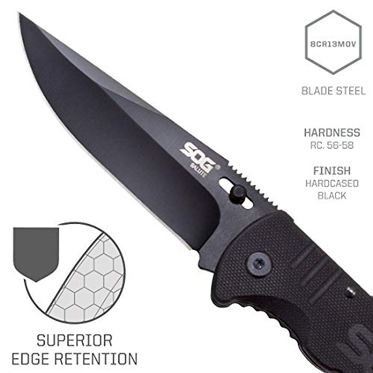 SOG Folding Pocket Knife – Salute Tactical Knife, EDC Knife, Tactical Folder Knife, Work Knife, 3.63 Inch Black Pocket Knife with Thumbstud (FF11-CP)