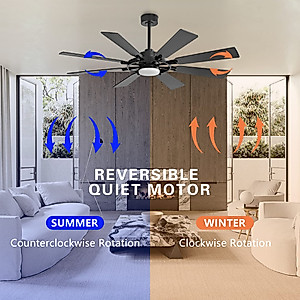 ELEHINSER 60" Ceiling Fan with Lights and Remote Control, Wood 8 Blades 6-Speed Noiseless Reversible DC Motor, Modern Windmill Ceiling fan for Kitchen Bedroom Dining Living Room, Black